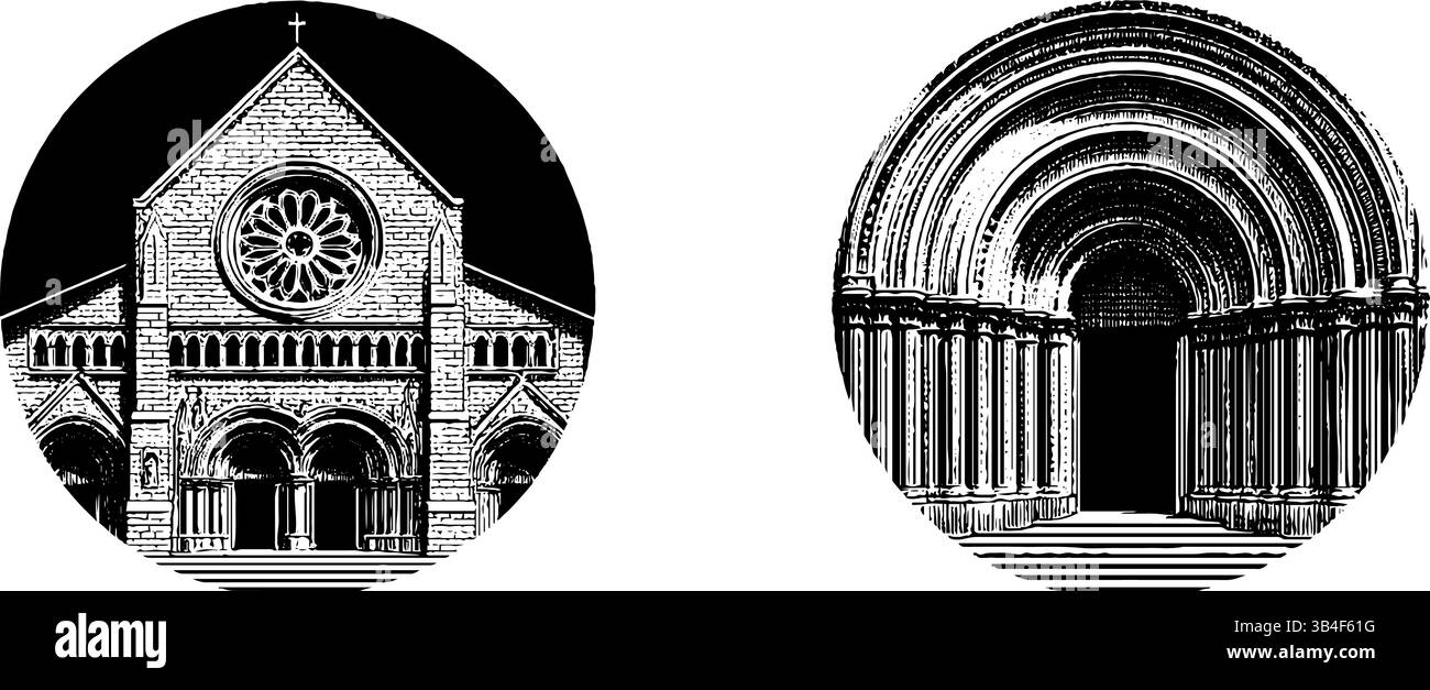 Detailed engraved cathedral facade and archway illustration set for ...