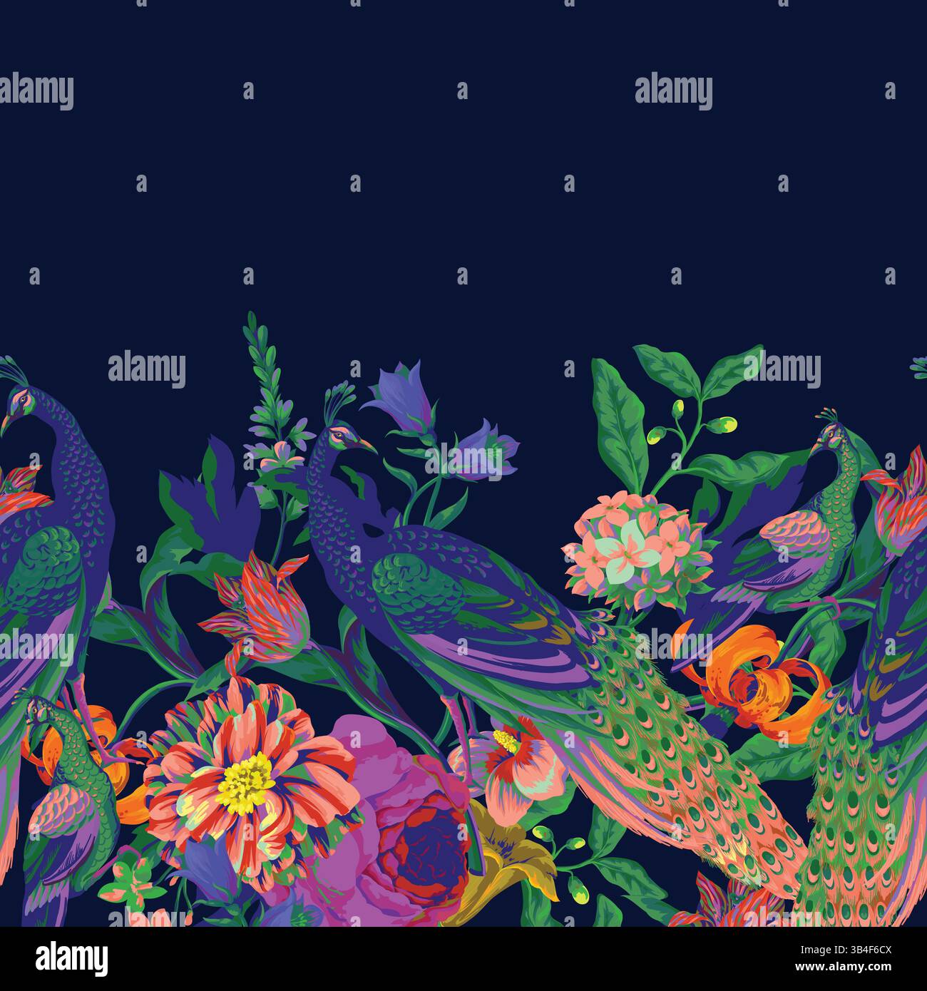 Seamless pattern with peacock and painting rococo still-lifes flowers ...