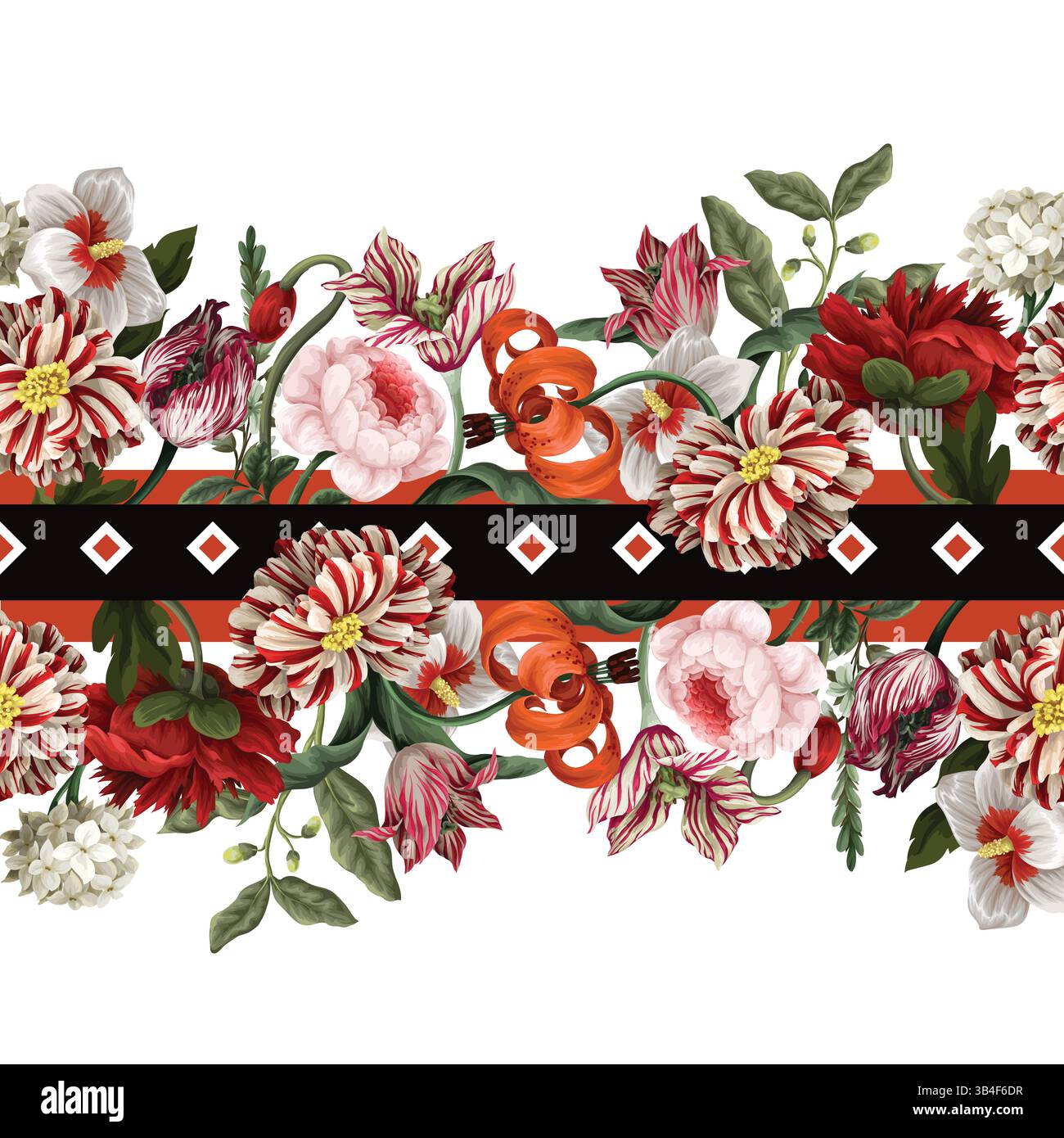 Border pattern with oil painting rococo still-lifes flowers. Vector ...