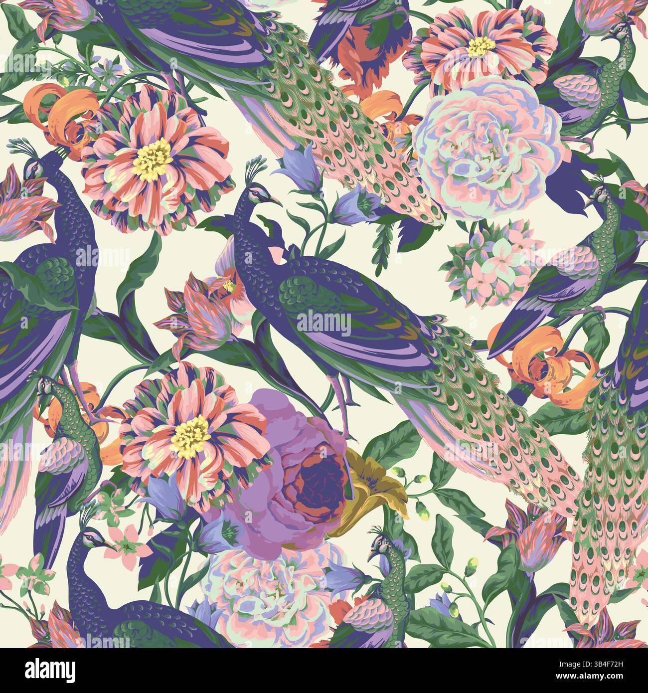 Seamless pattern with peacock and painting rococo still-lifes flowers ...