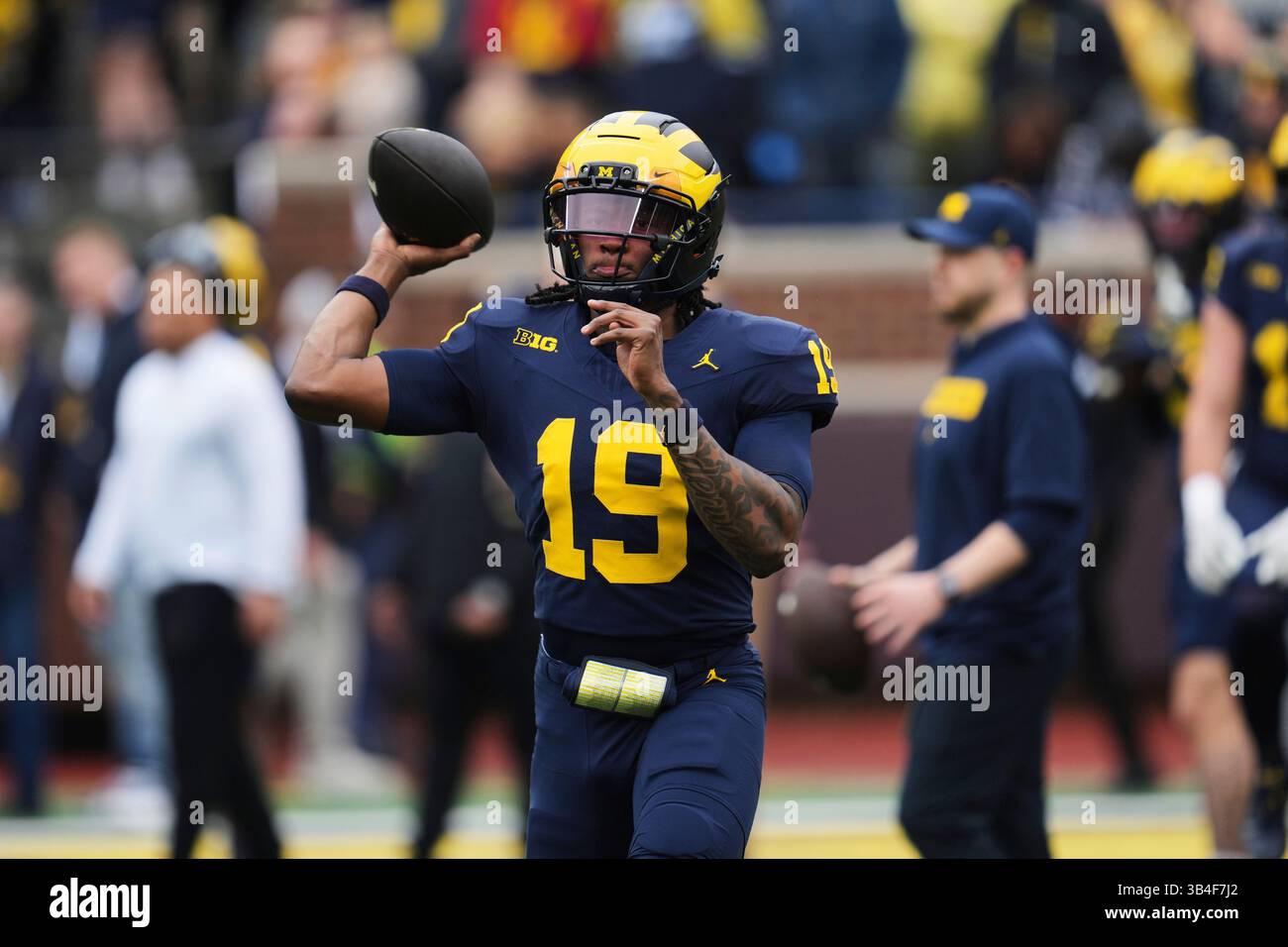 Michigan quarterback Bryce Underwood throws during an NCAA college football spring game in Ann ...