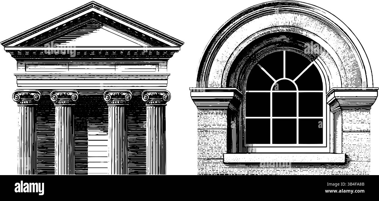 Engraved illustrations of classical temple façade and architectural ...
