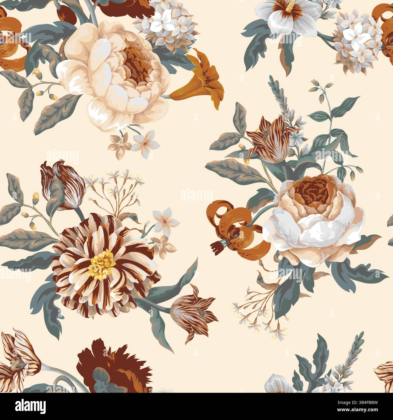 Seamless floral pattern with oil painting rococo still-lifes flowers ...