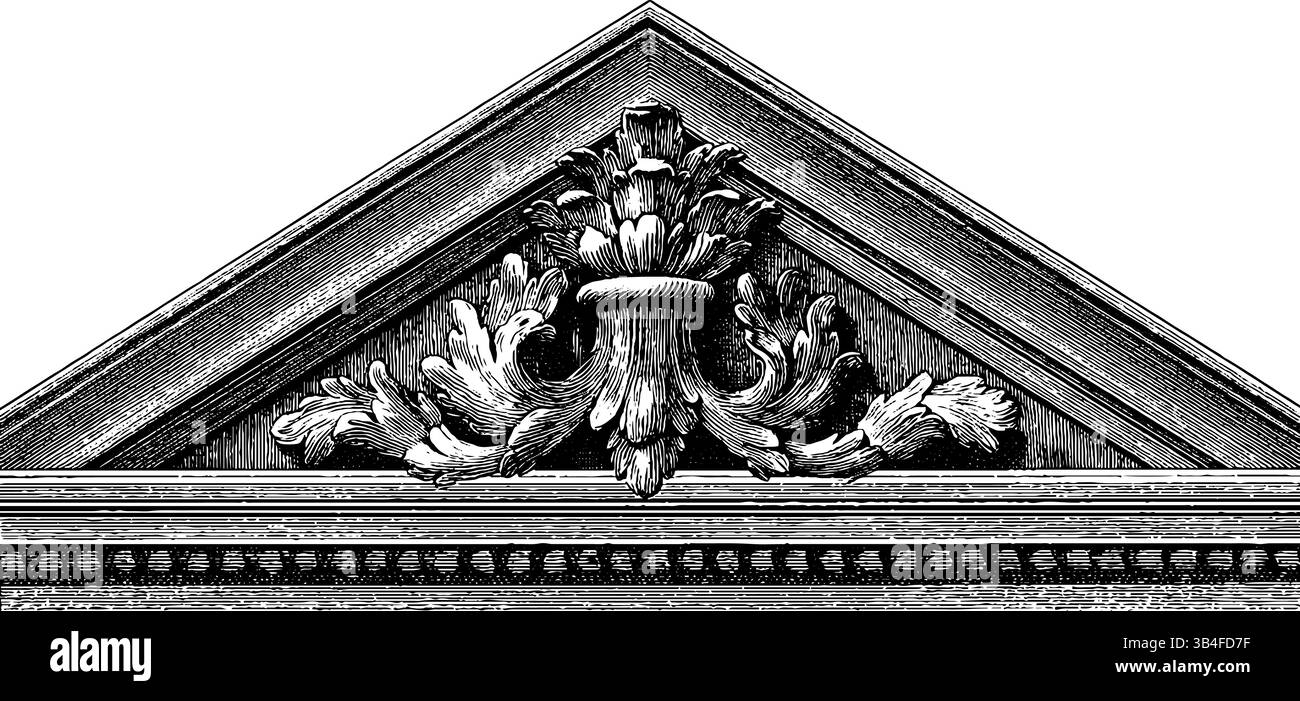 Intricately detailed engraving of a classical temple roof ornamentation ...