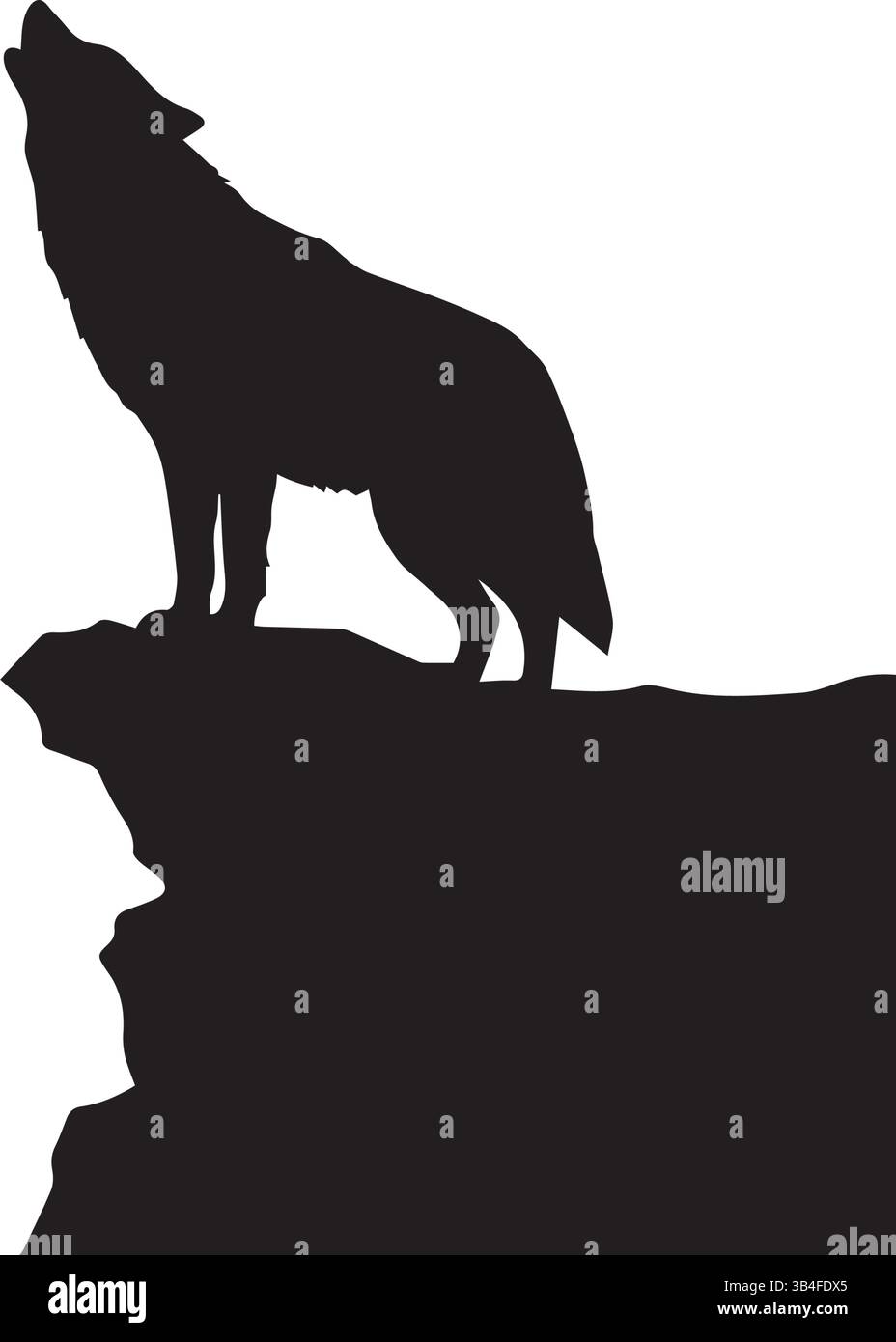 A silhouette of a wolf howling on a cliff against a stark white ...