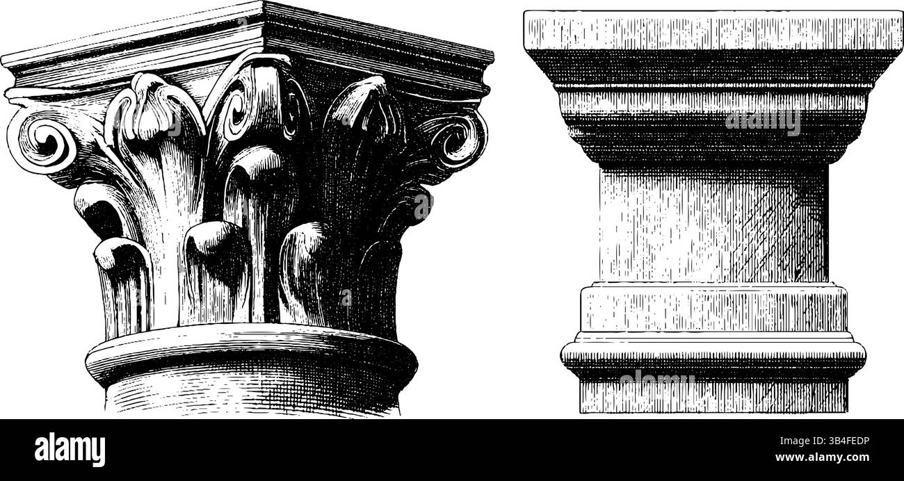 Classic architectural elements engraving: detailed pier and capital in ...