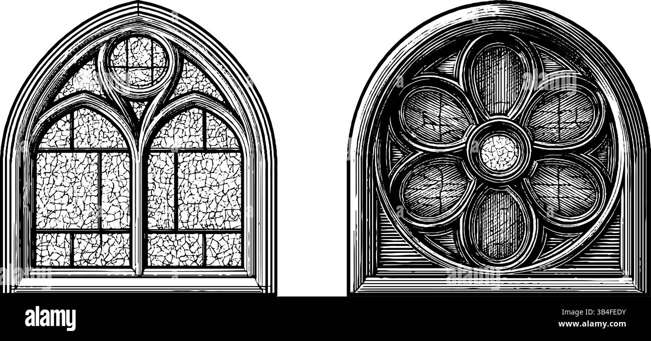 Intricate engraved illustration set of lancet and stained glass windows ...