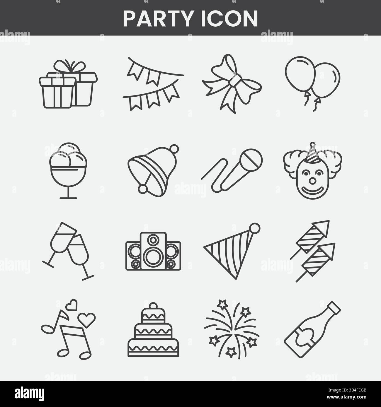 Party Icon Set: Line Art Symbols of Celebration, Music, Fireworks ...