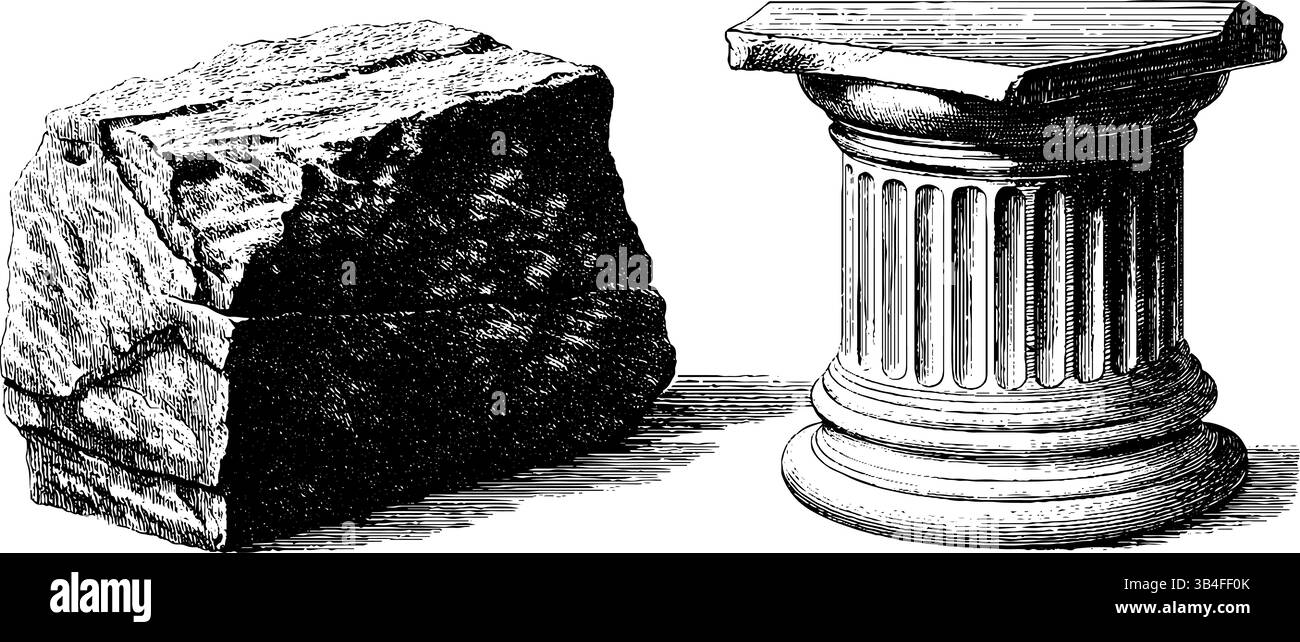 Engraved illustration set featuring ancient keystone and column base ...