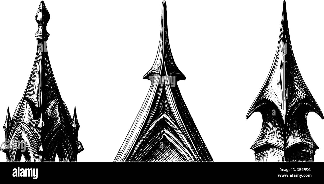 Gothic architecture elements: engraved spires set for historical design ...