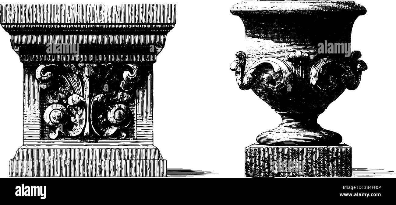 Engraved architectural elements featuring classical temple corner and decorative urn Stock ...