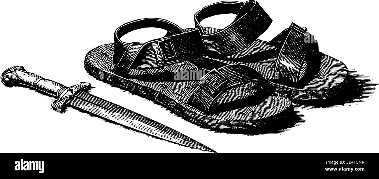 Ancient roman gladius and sandals engraved illustration for historical ...