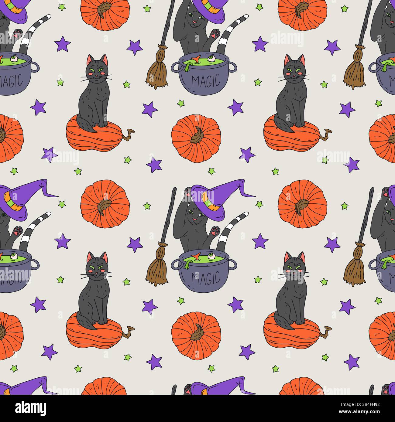 Seamless pattern with cute hand drawn Halloween witchy cats making magic potion in cauldron ...