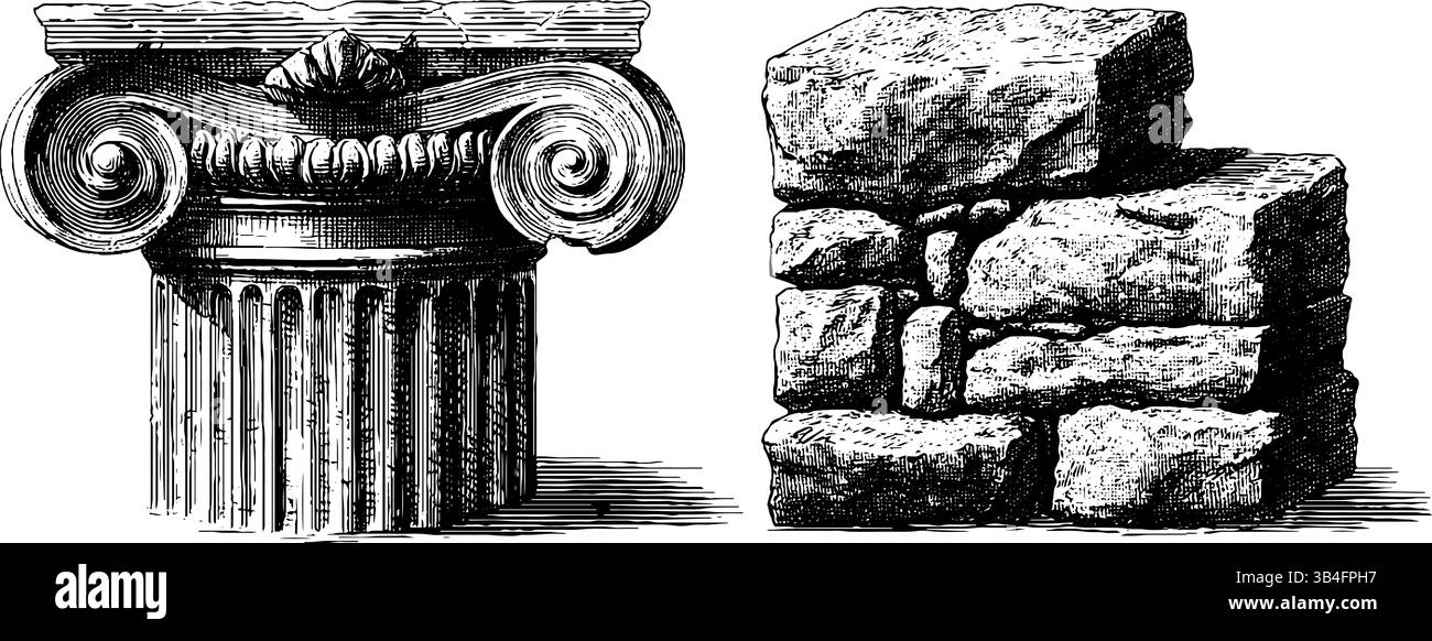 Intricate engraved illustration of ancient architectural keystone and ...