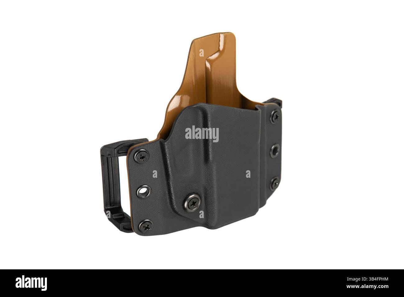 Angled side view of a tactical two-tone pistol holster in black and tan ...