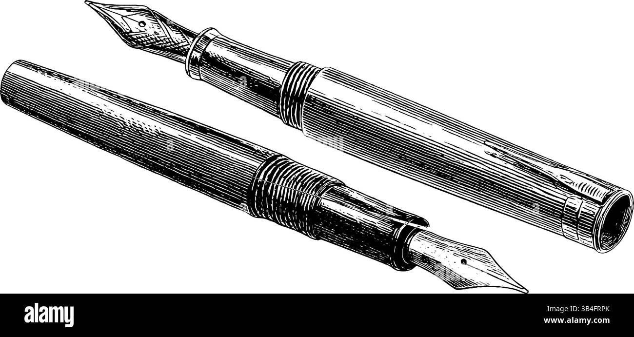 Vintage fountain pen and ink pen engraved illustration set for art and ...
