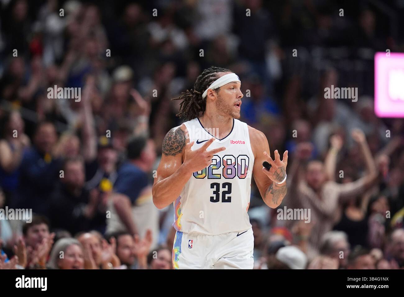 Denver Nuggets forward Aaron Gordon (32) reacts after hitting a 3-point ...