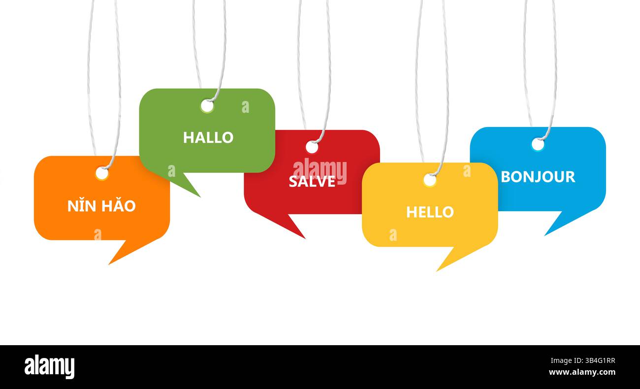 Paper speech bubbles with greetings in different languages hanging on ...