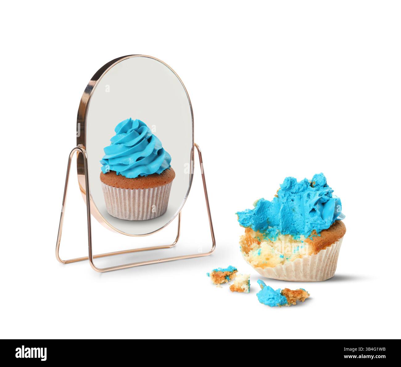 Bitten cupcake reflecting in mirror as whole, white background ...