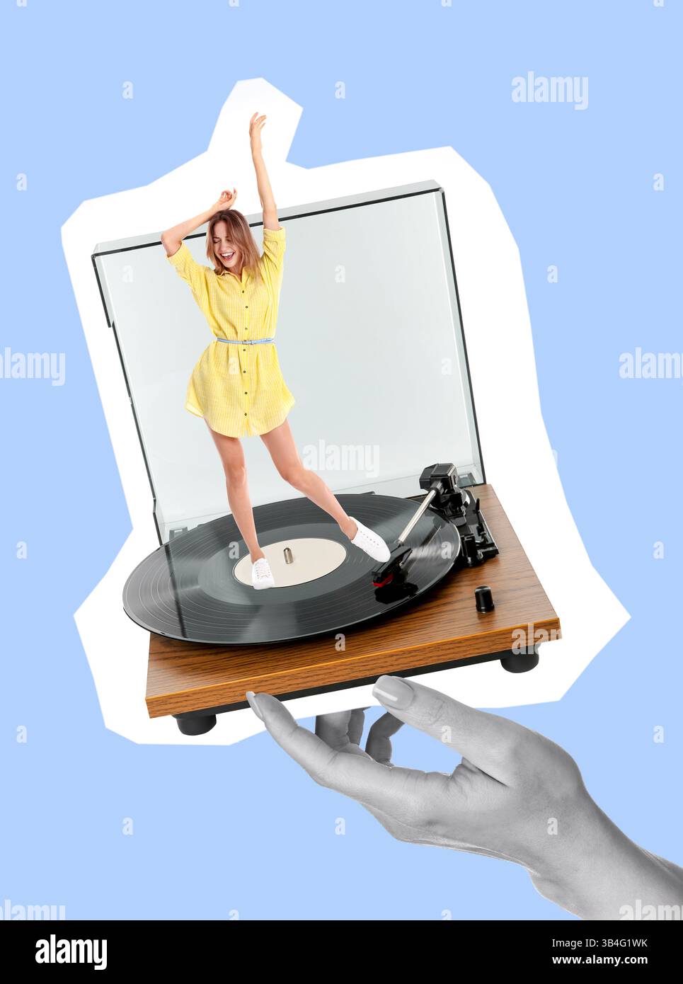 Creative collage with woman dancing on vinyl record player in woman's ...