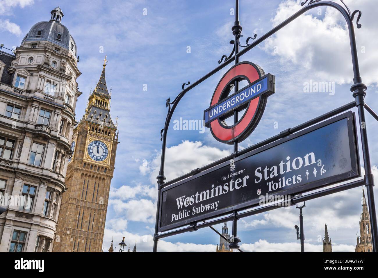 Westminster Underground Station sign with Big Ben. London, UK, 16 March ...