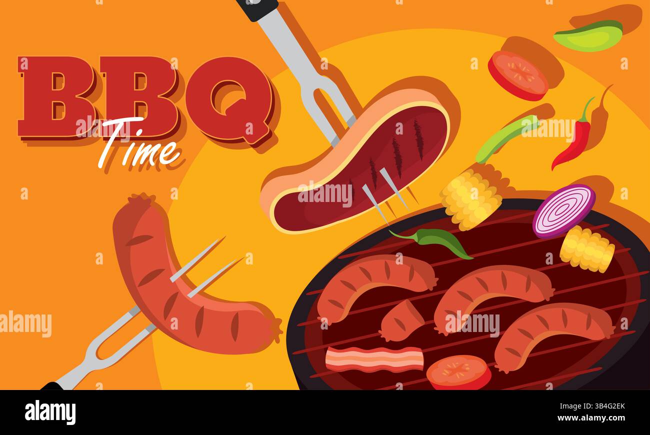 Grill food flying BBQ time. Vector illustration Stock Vector Image ...