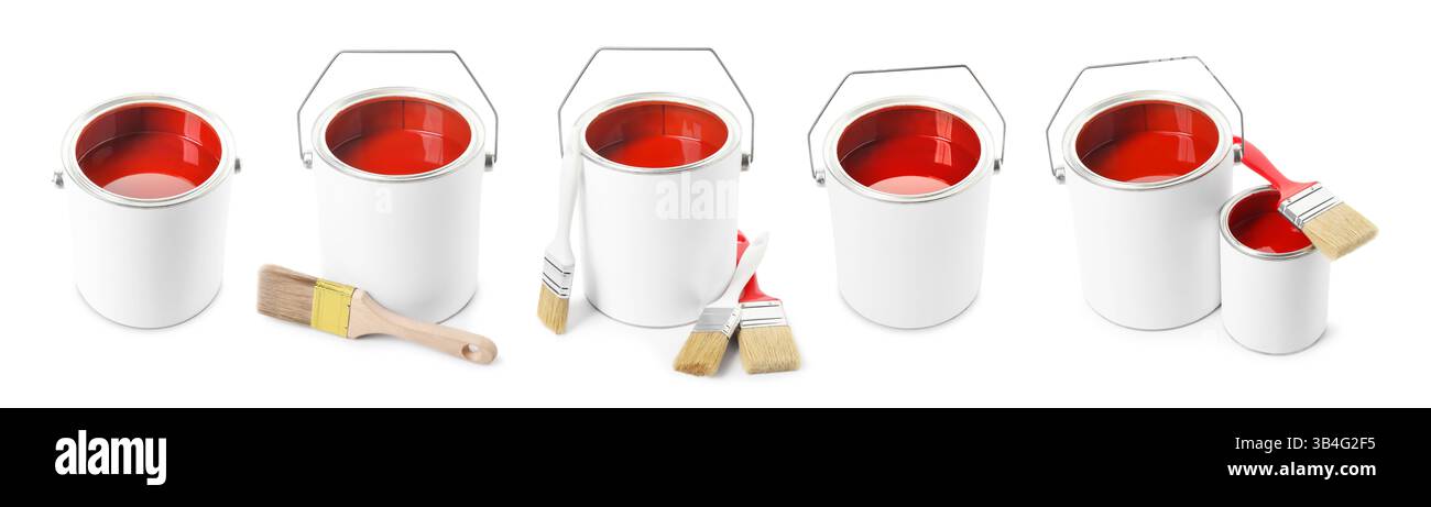 Red paint in cans and brushes isolated on white, collage Stock Photo ...