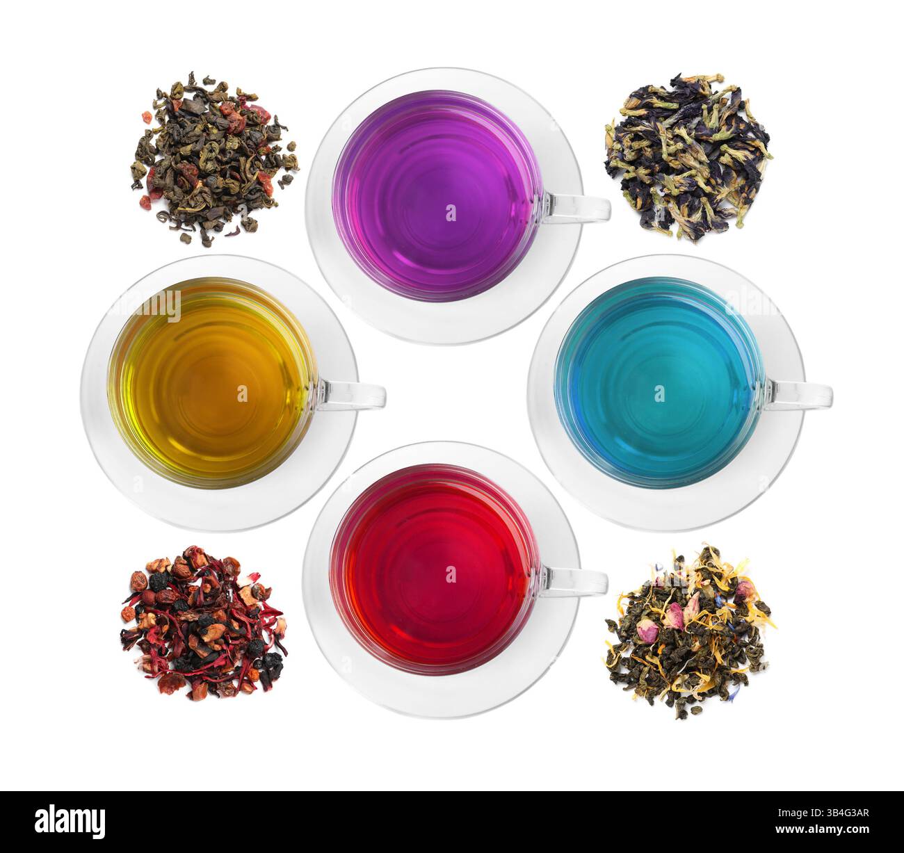 Different types of dried tea leaves and brewed drinks on white ...