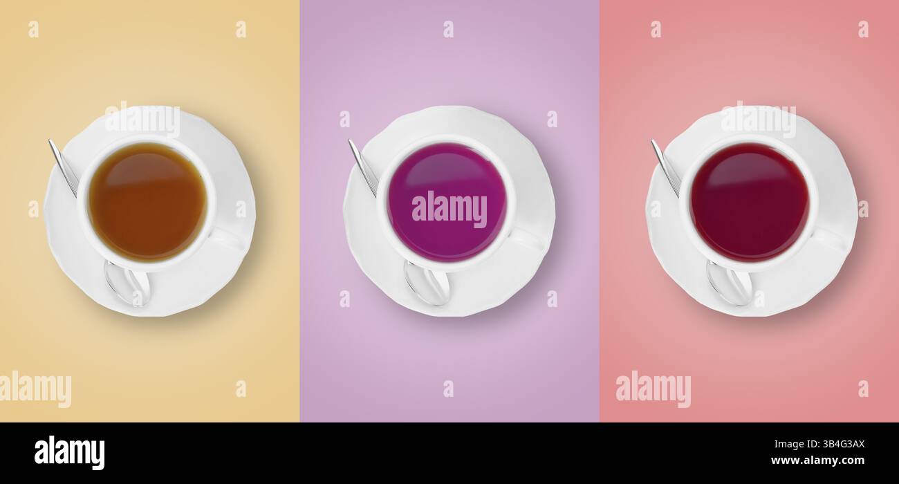 Different types of brewed tea in glass cups on colorful background, set ...