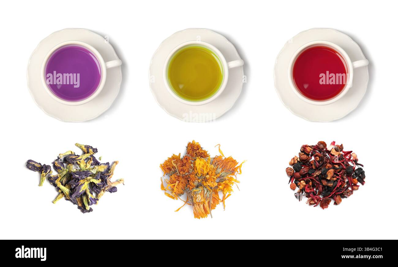 Different types of dried tea leaves and brewed drinks on white ...