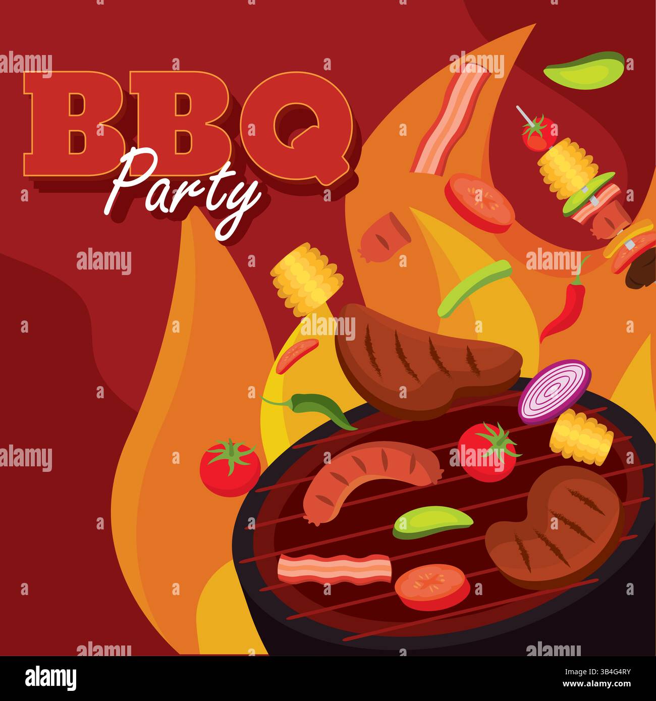 Flaming BBQ with food. Vector illustration Stock Vector Image & Art - Alamy