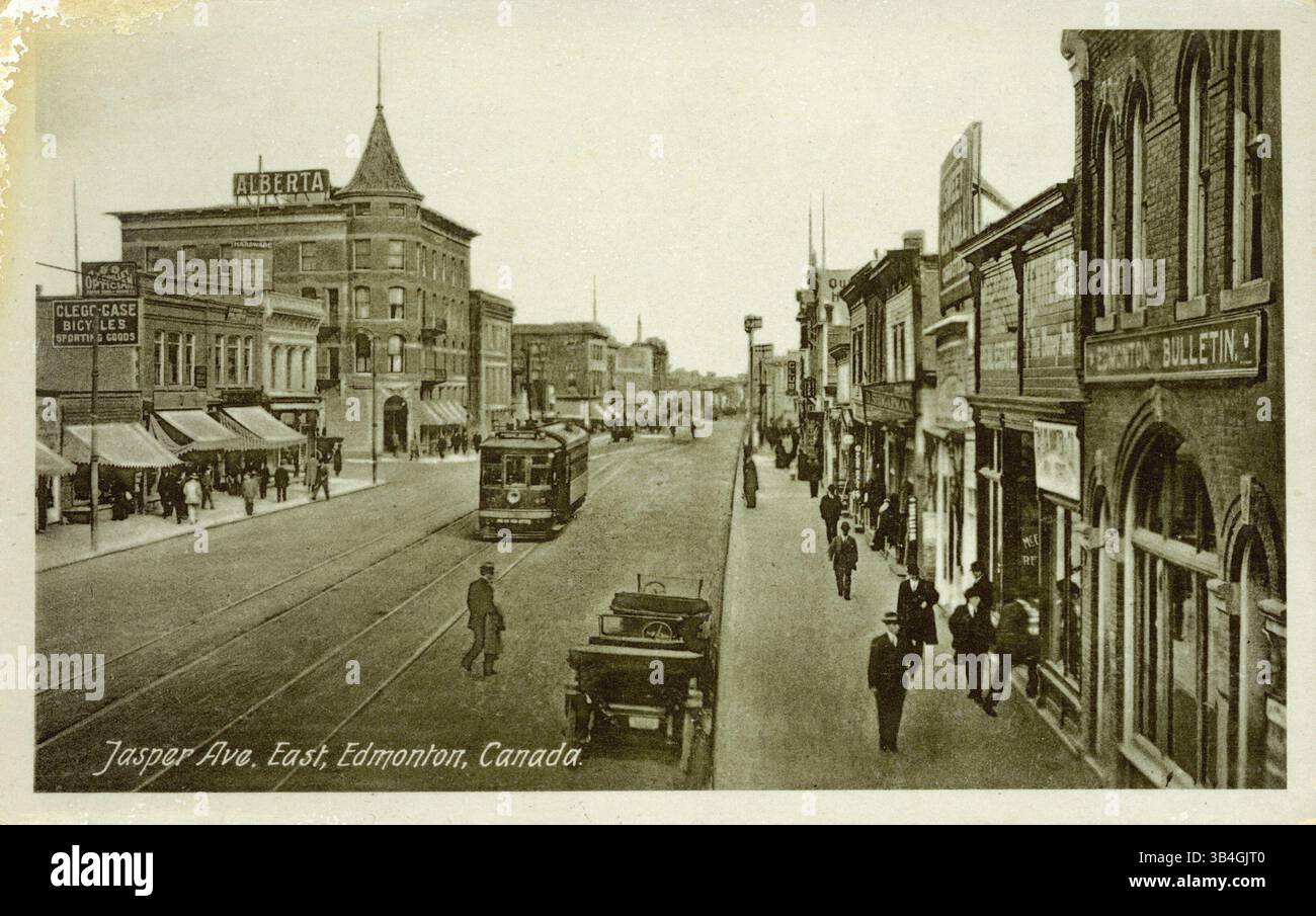 Old black and white postcard showing Jasper Avenue East, Edmonton, Alberta, Canada. 1910-1930 ...