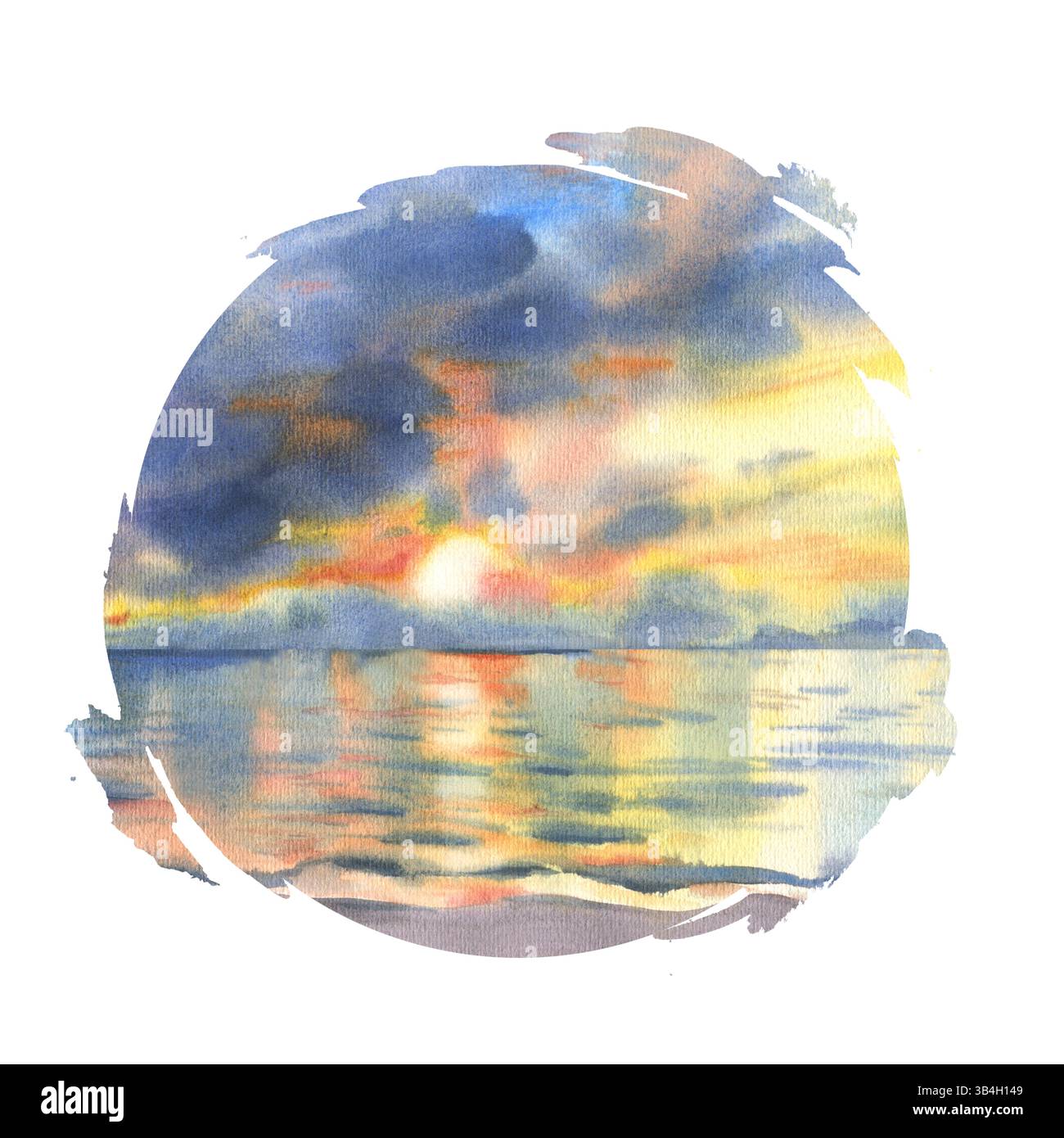Seascape at sunrise, calm ocean, colorful sky, hand-painted in ...