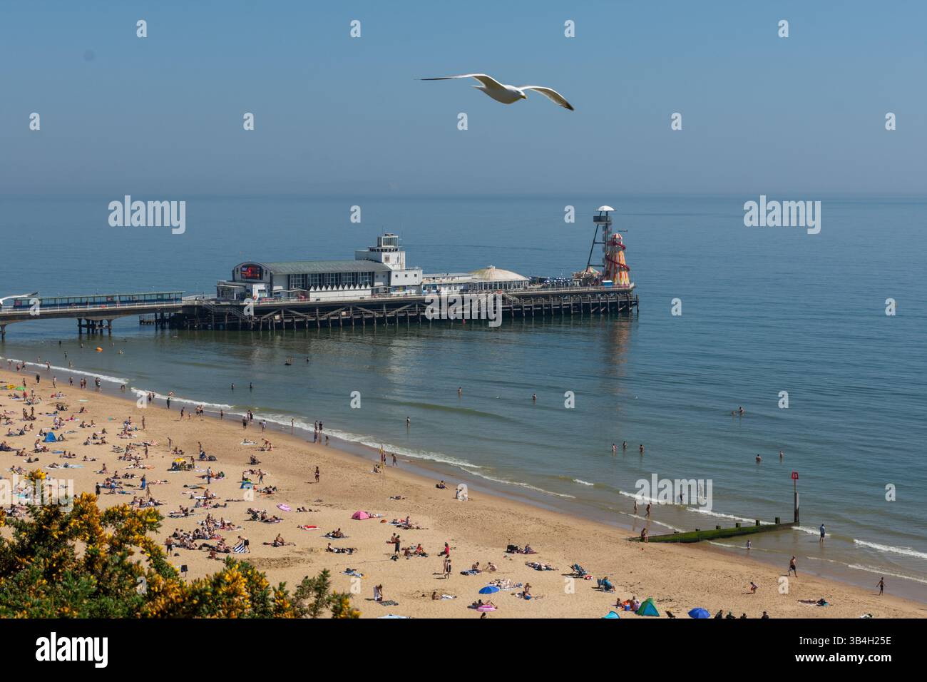 West Cliff Beach, Bournemouth, UK - April 30th 2025: Gull flying over ...