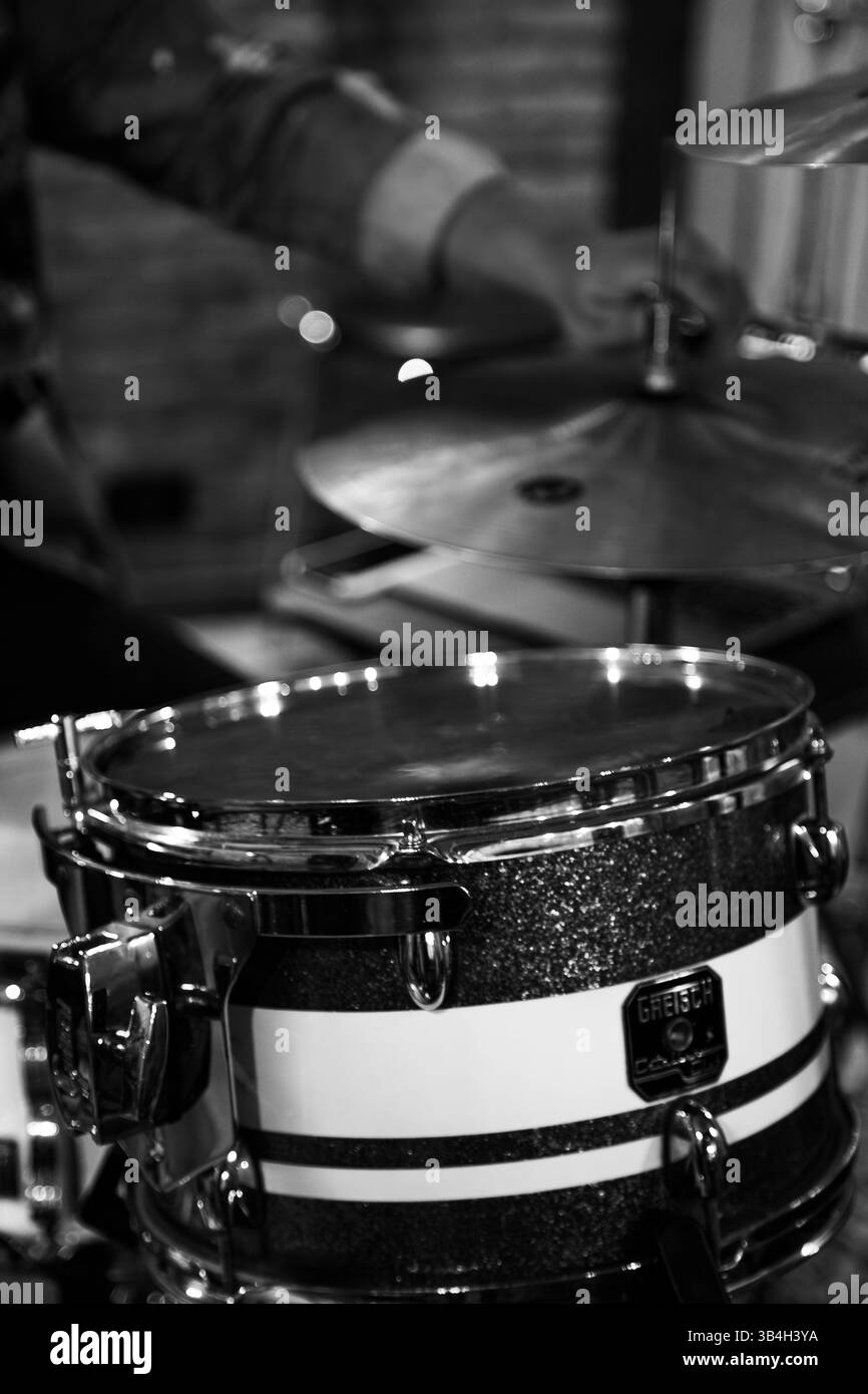 lack and White Close-Up of Drummer Performing on Snare Drum with ...