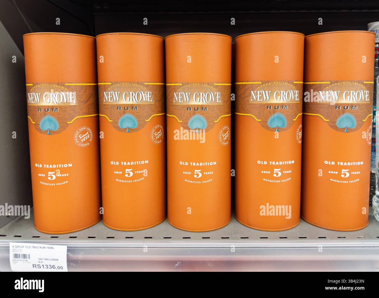 Grand Bay, Mauritius - January 29, 2025: Close-up view of New Grove Rum ...