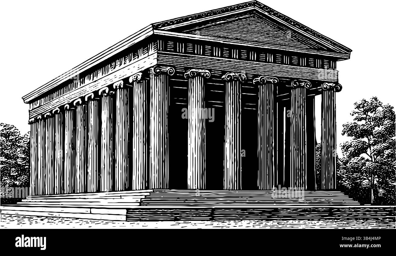 Engraved illustration of classical government building with greek ...