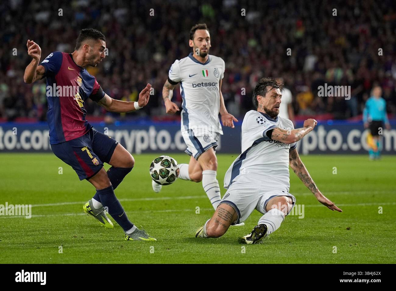 Barcelona's Ferran Torres scores during the Champions League semifinal ...