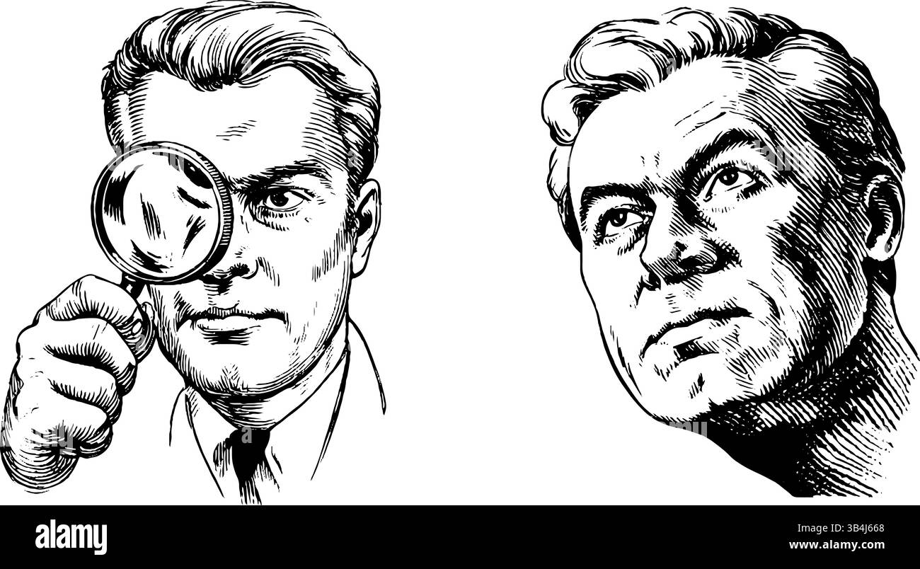 Engraved illustrations of forensic scientist with magnifying glass for ...