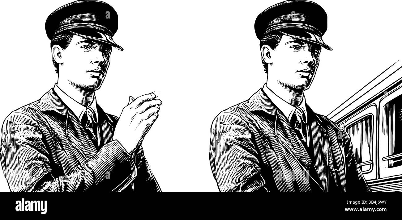Vintage engraved portrait of bus driver pair in classic uniform for ...