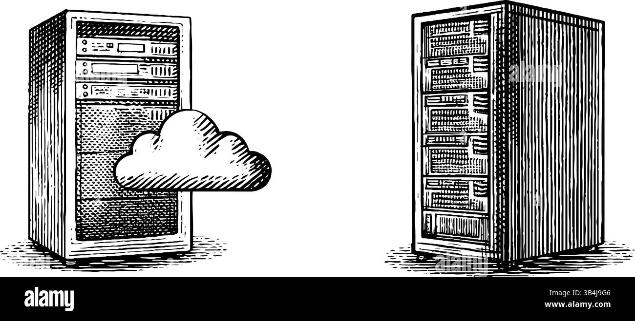 Engraved technology illustration featuring network servers and cloud computing icons Stock ...