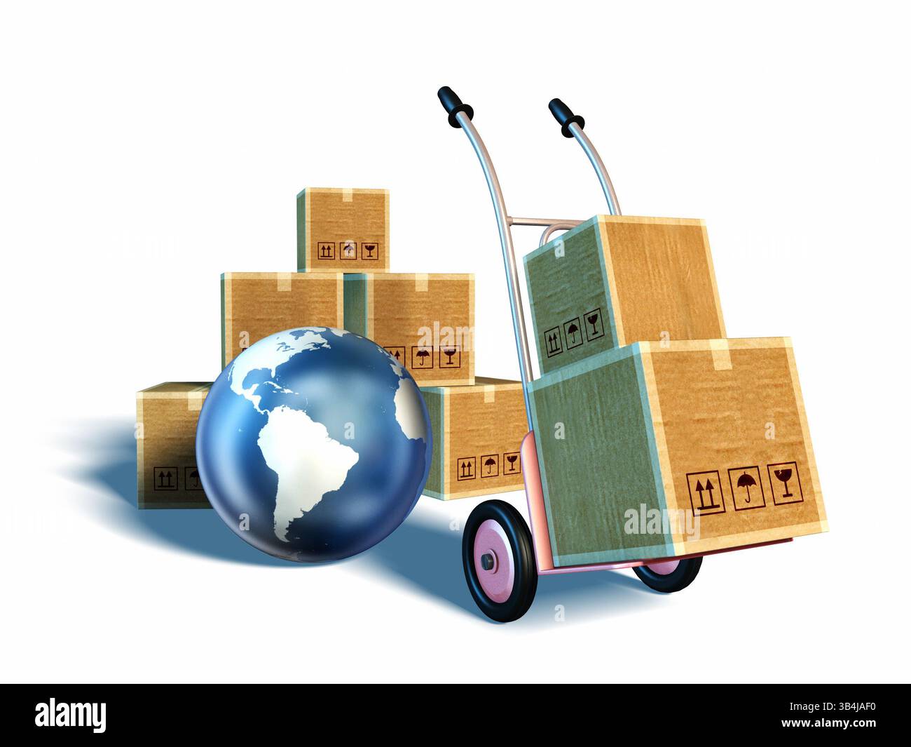 A trolley carrying some boxes. A pile of boxes and an iconic Earth on ...