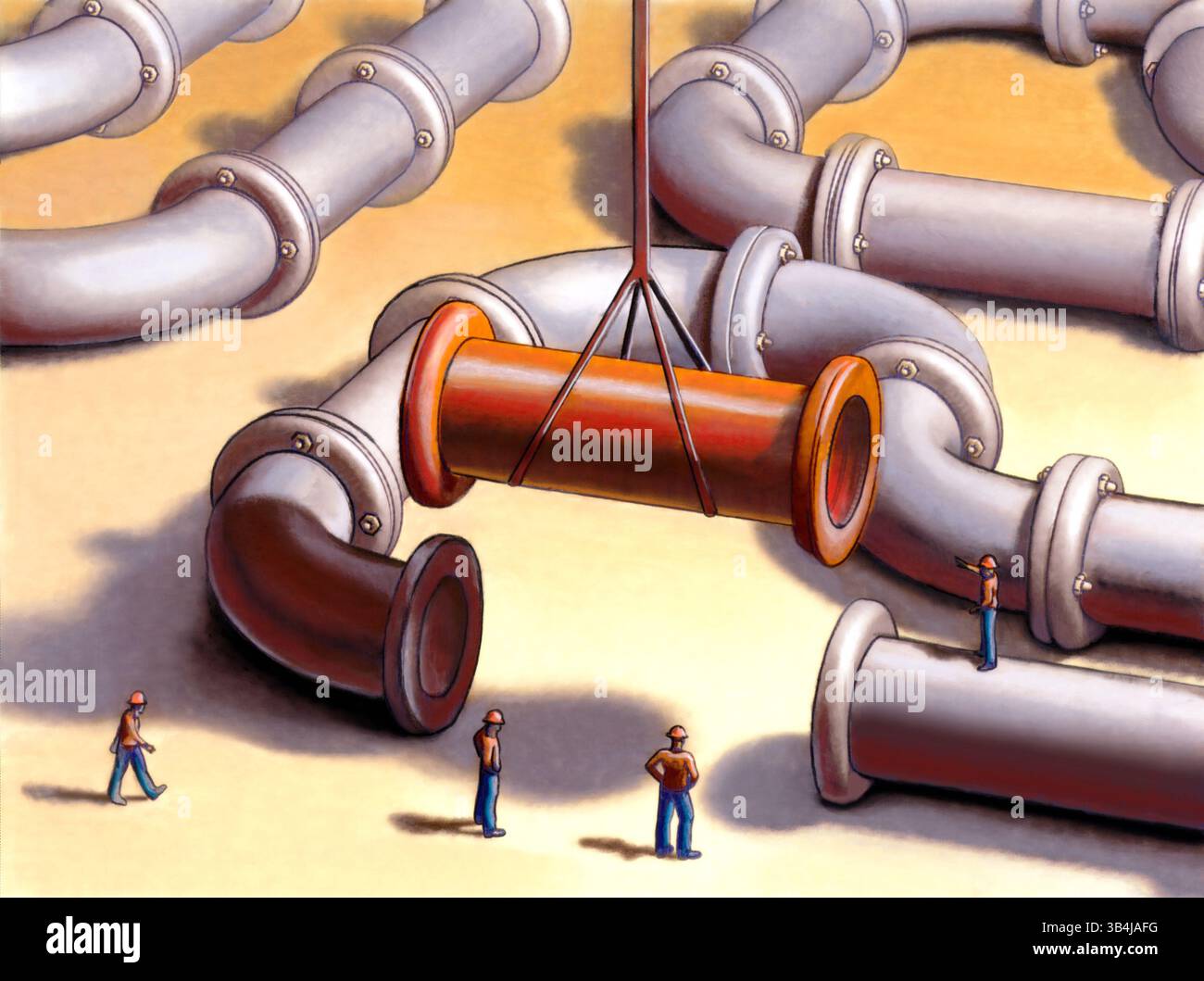 Team working on a pipes system. Mixed media illustration Stock Photo ...