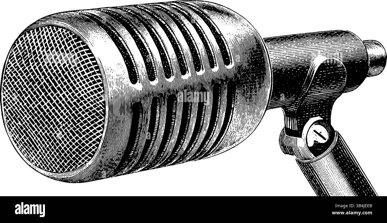 Vintage engraved microphone illustration with bold black lines for ...