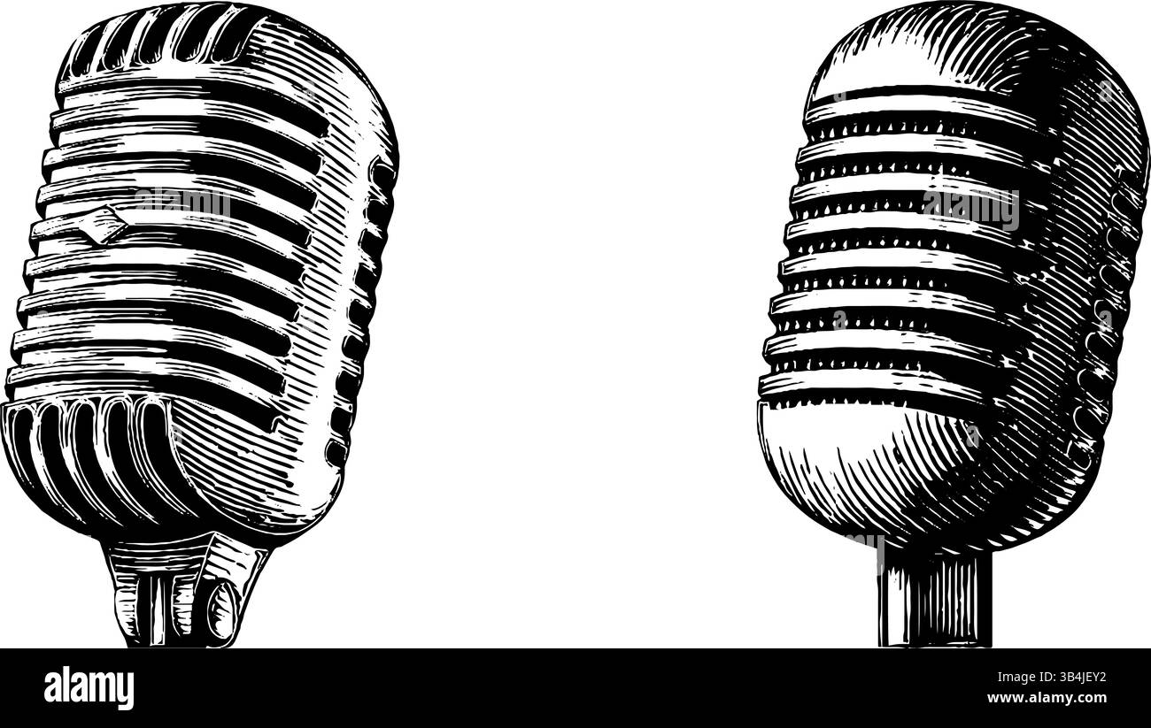 Vintage microphone illustration with bold engraved lines for retro ...