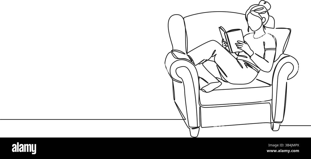 continuous line drawing of woman relaxing on armchair reading book ...