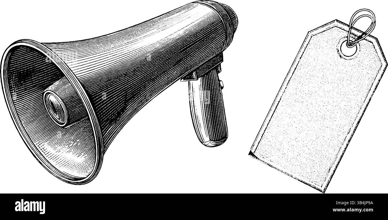 Vintage engraved megaphone and blank tag for promotion and advertising ...