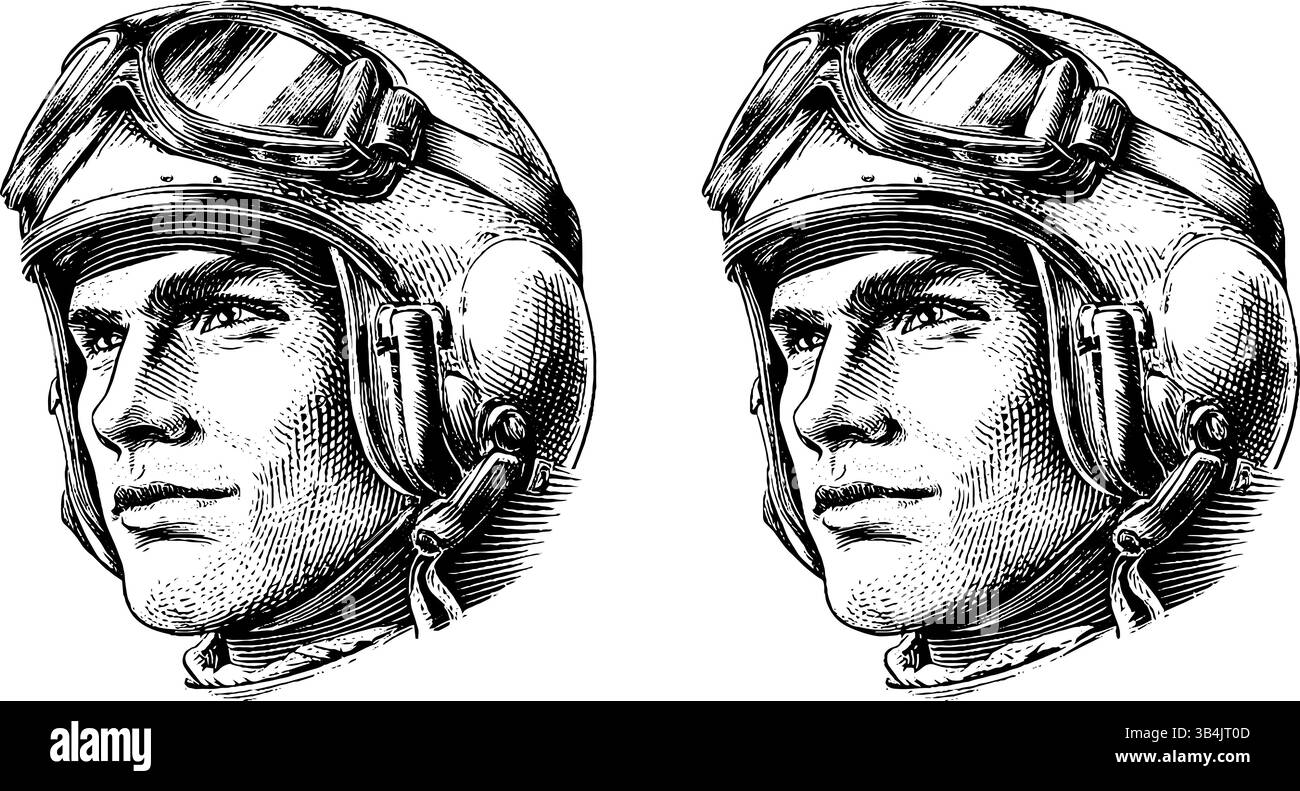 Vintage pilot portrait engraving set with bold lines for design ...