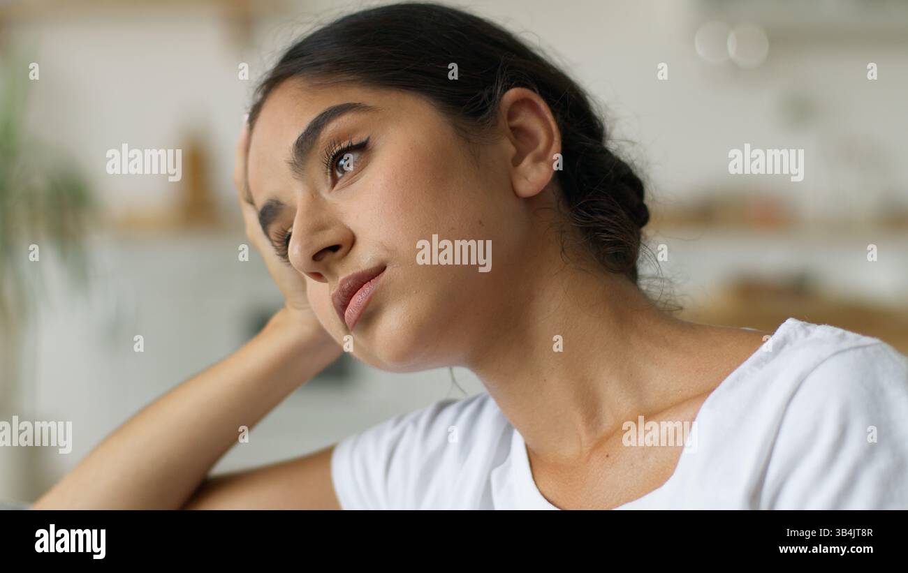 Arabian woman at home Indian female girl feeling headache pain anxiety ...