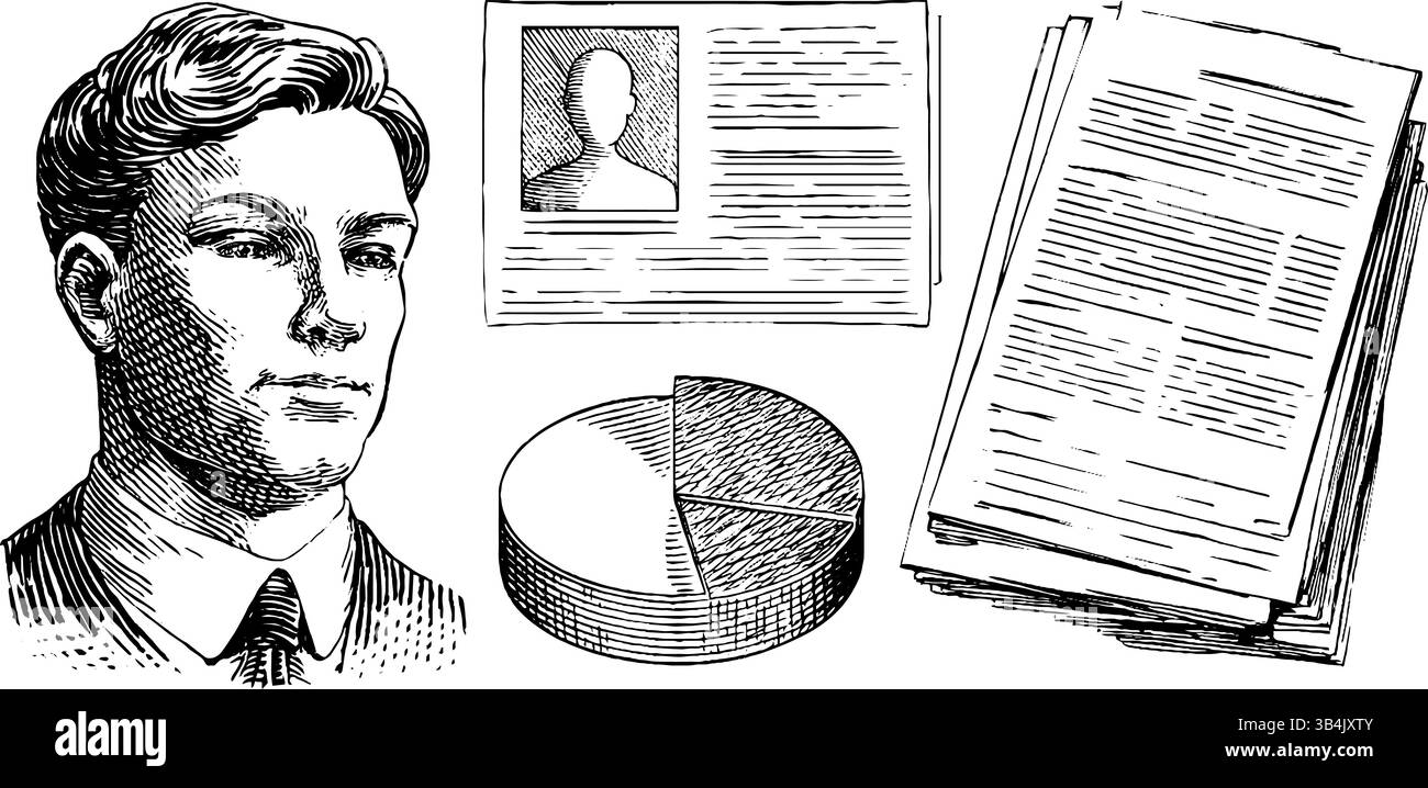 Vintage engraved illustration set featuring user profile icon, detailed ...